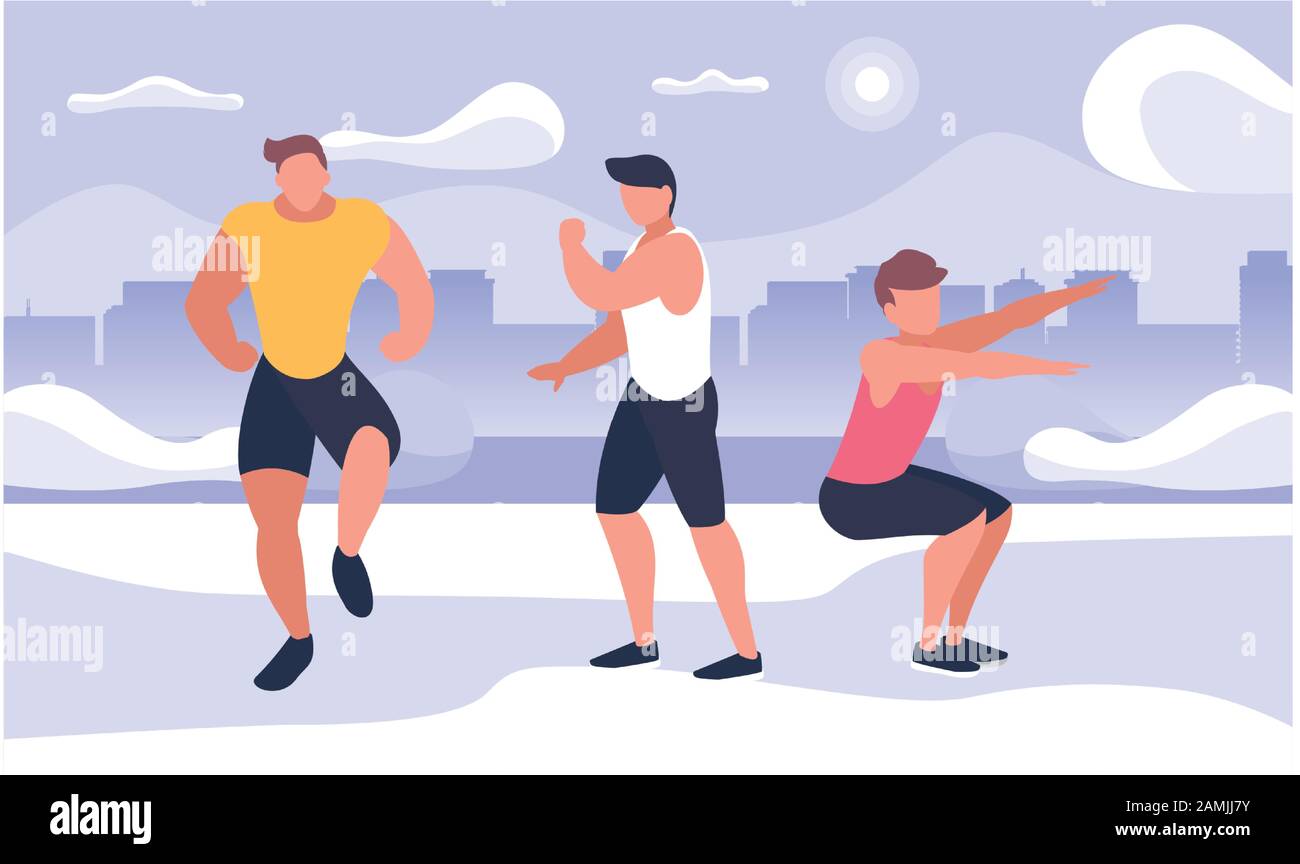 men exercising in park in the city vector illustration design vector ...