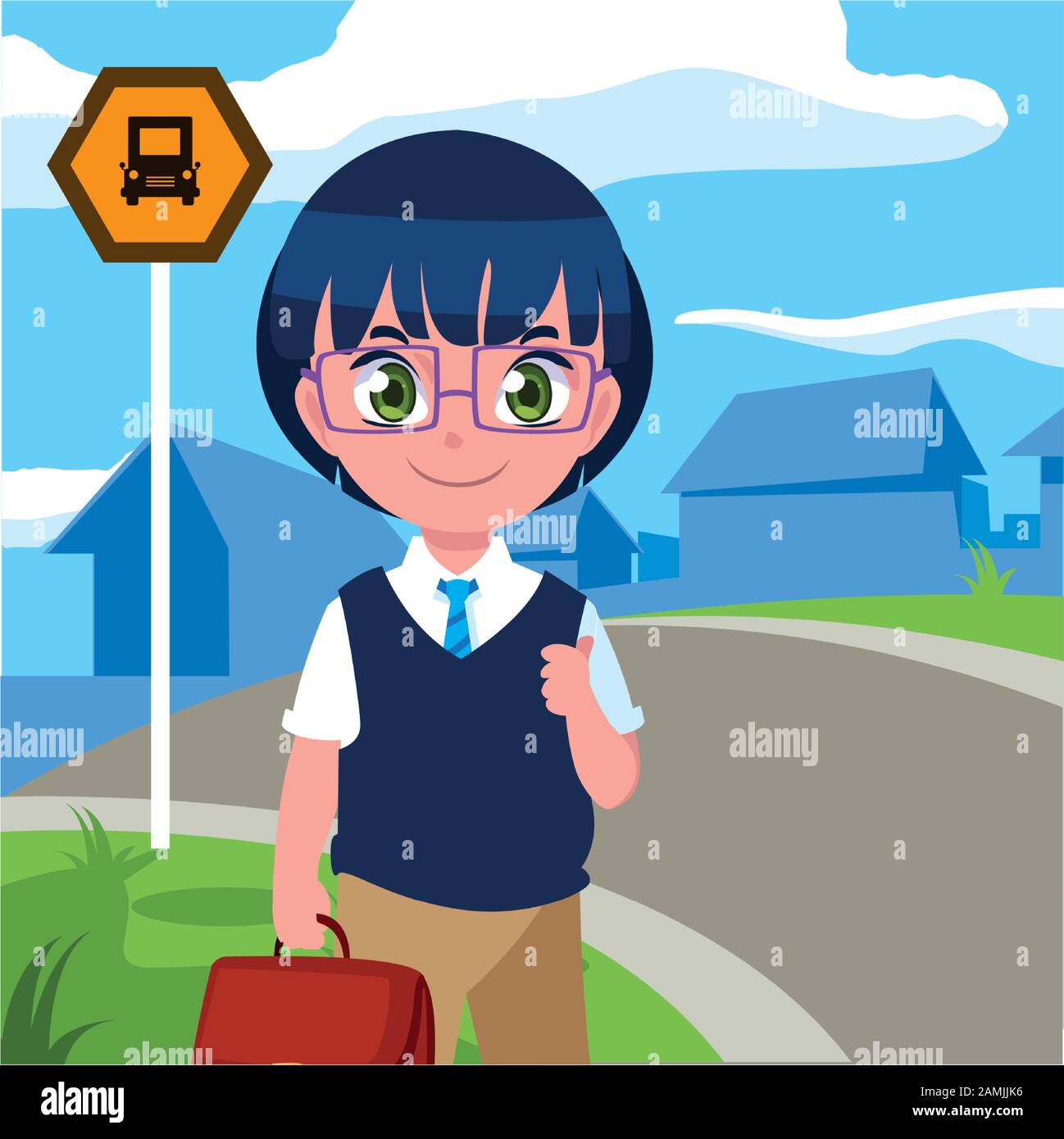 student boy at the bus stop with background city vector illustration ...