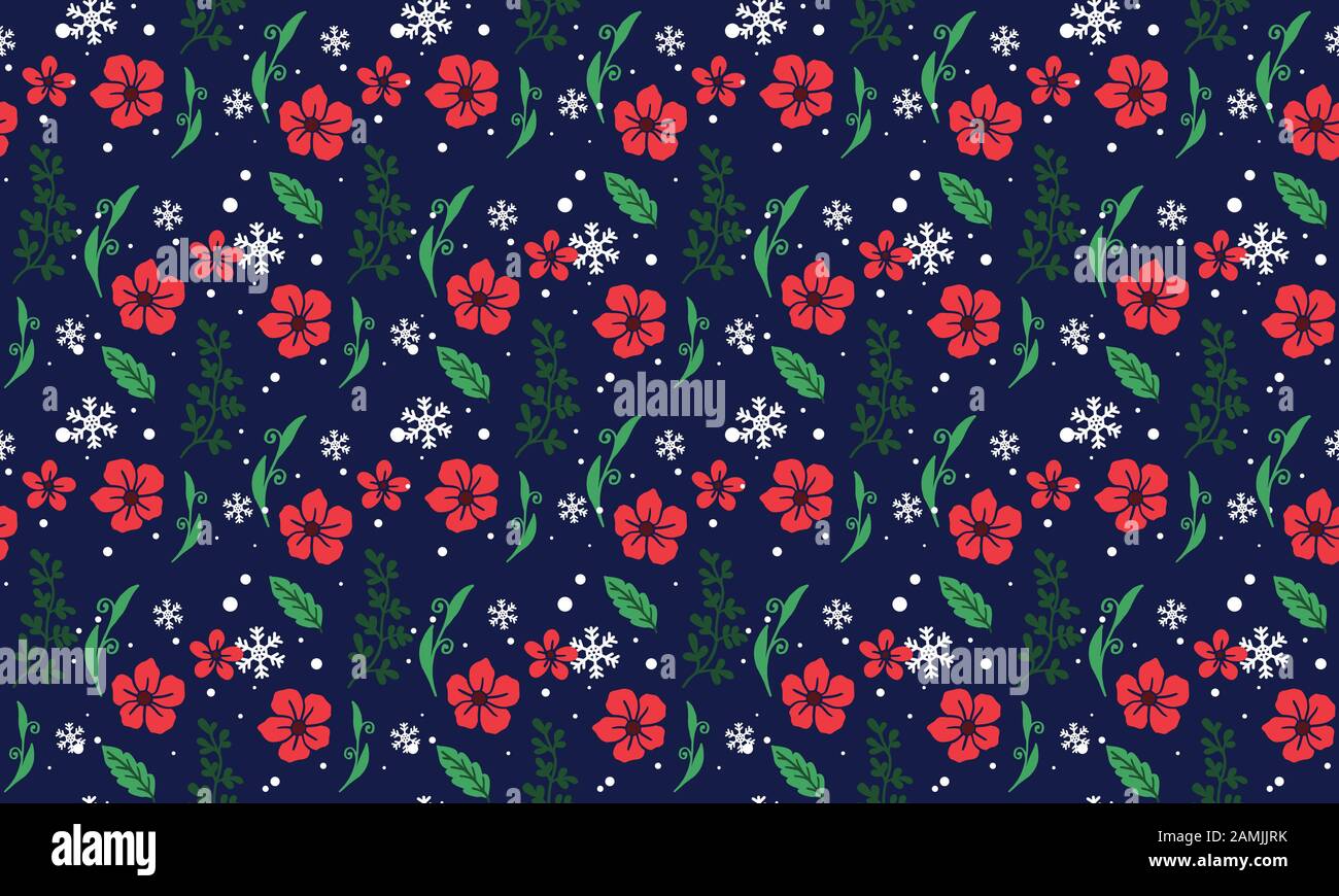 Cute Christmas flower pattern background, with unique leaf and red ...