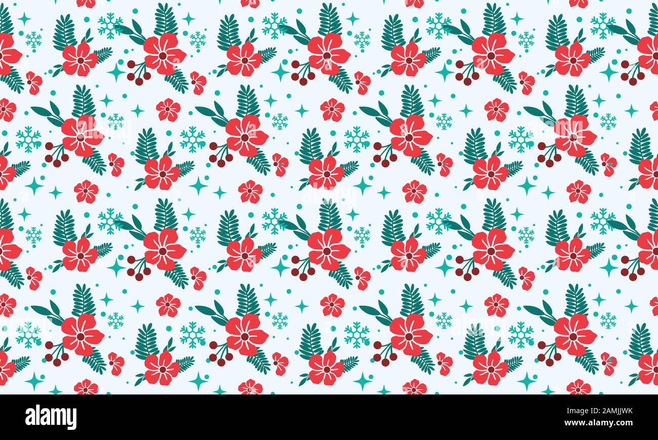 Cute Christmas flower pattern background, with unique leaf and red ...