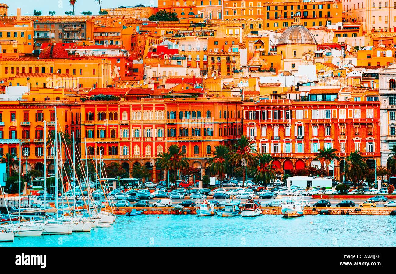 Cagliary cityscape with architecture and Mediterranean Sea at Sardinia ...