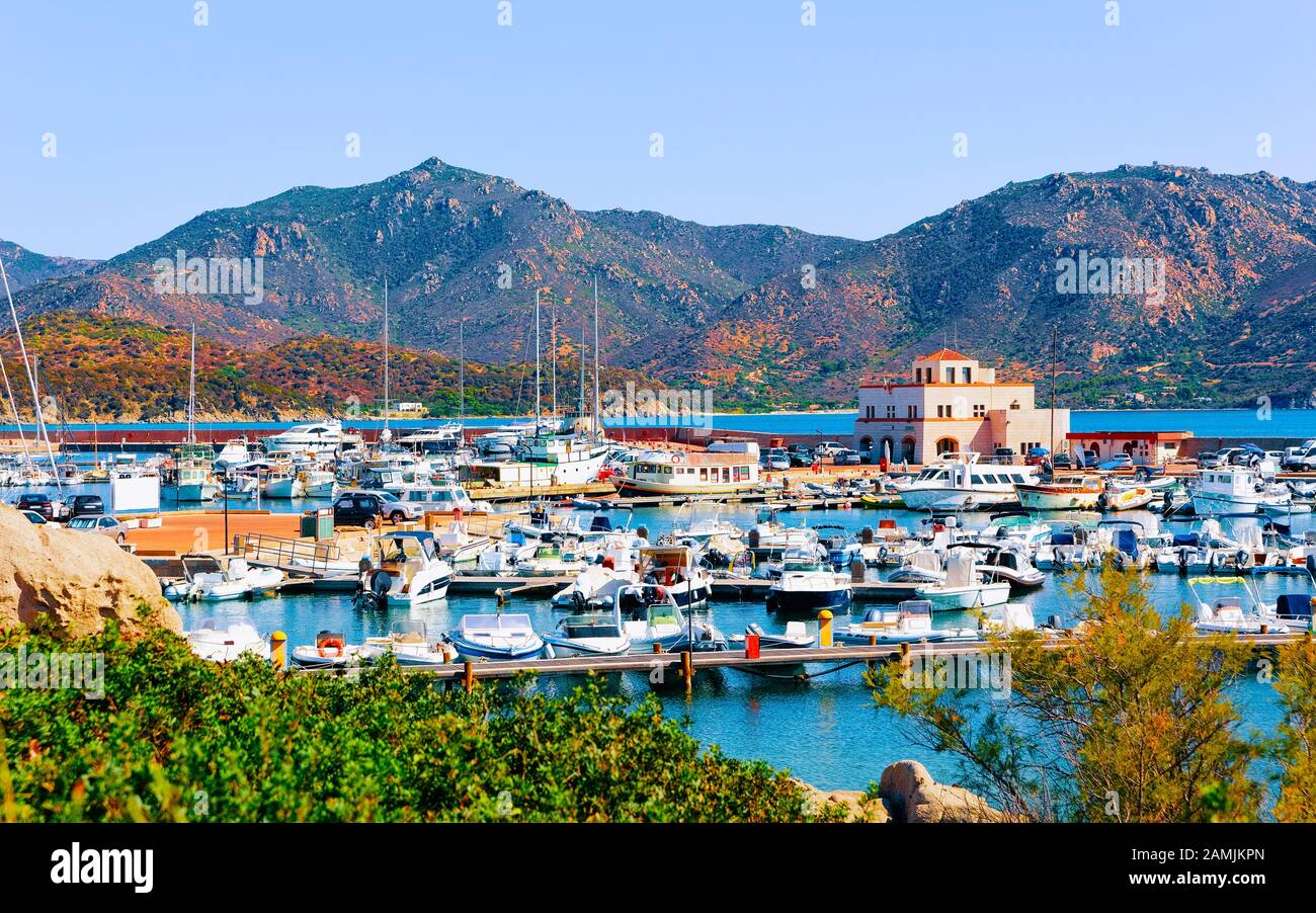 Old Sardinian Port with ships near Mediterranean Sea in Villasimius ...
