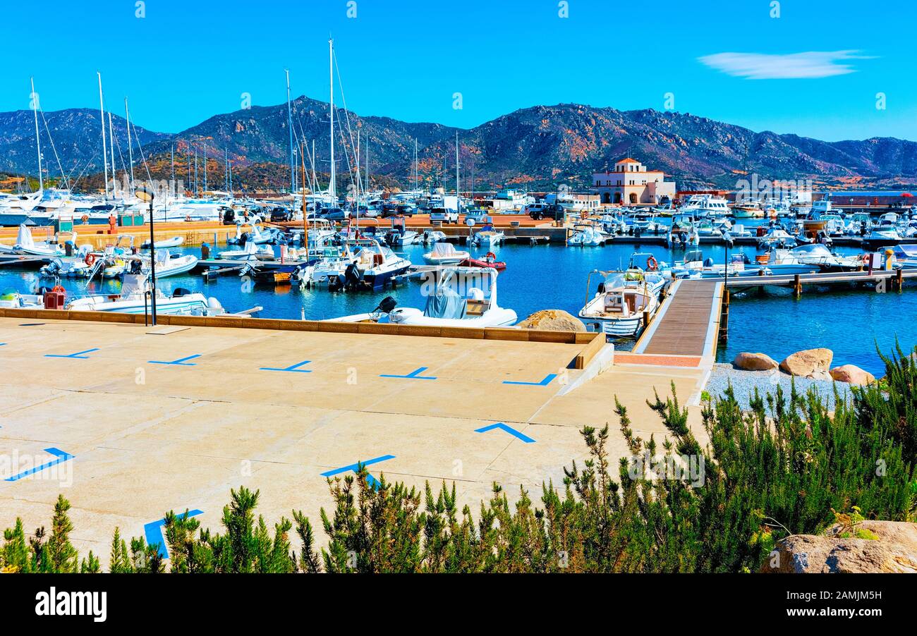 Old Sardinian Port with ships at Mediterranean Sea in Villasimius ...