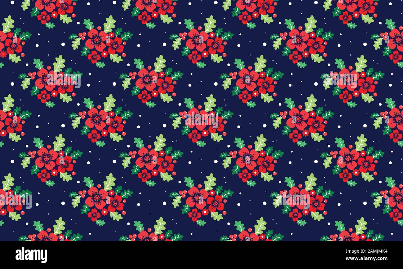 Unique Christmas floral pattern background, with beautiful leaf and red ...