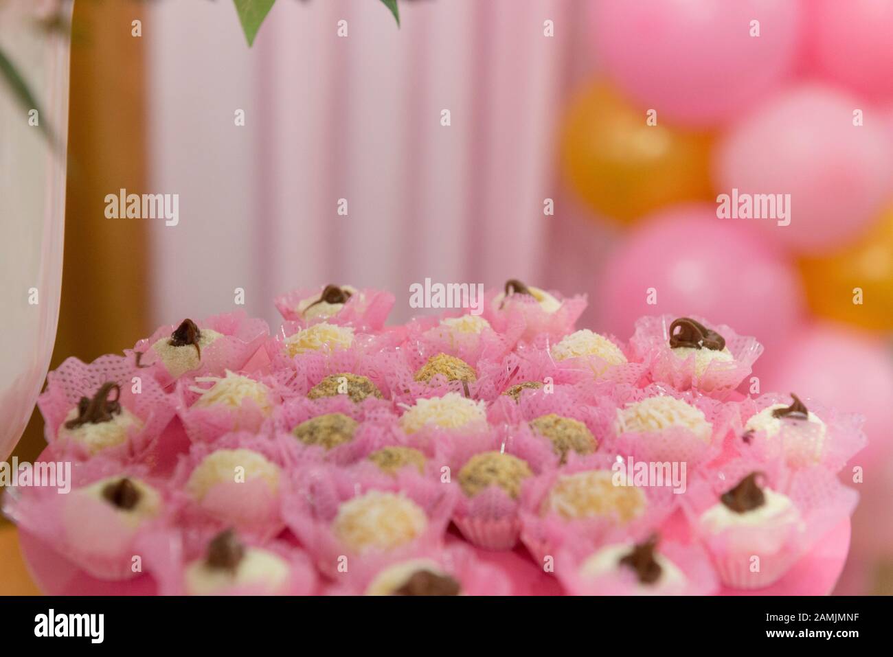Trays with many anniversary sweets typical of Brazil. Delicious sweets ...
