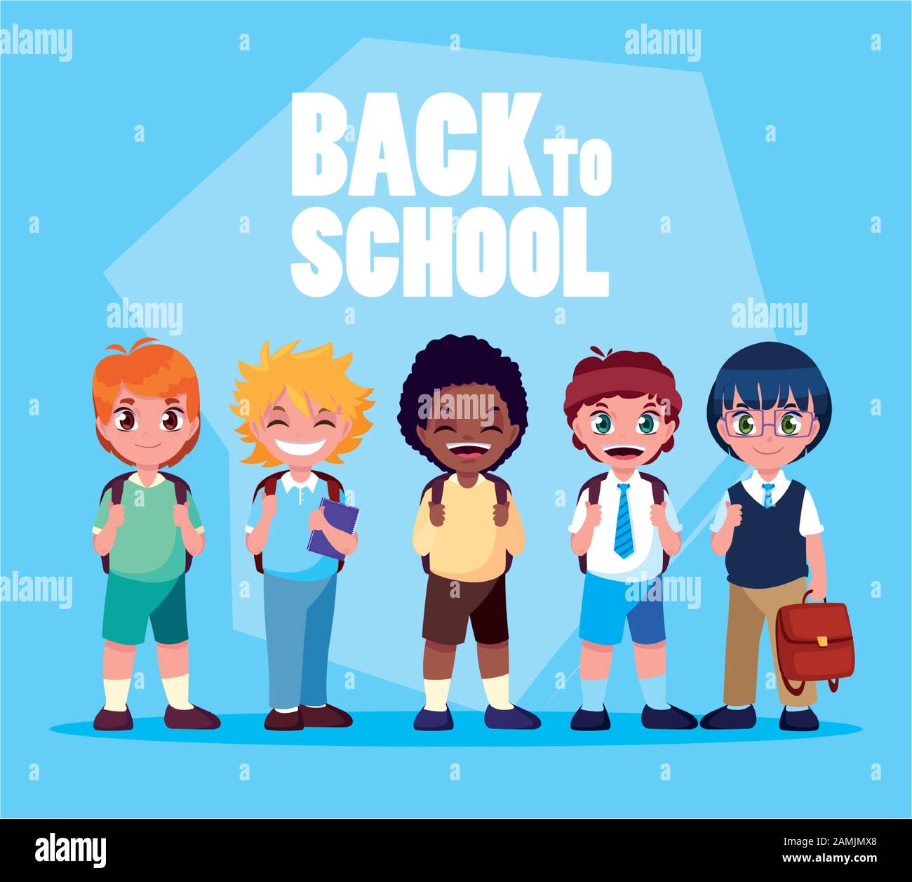 student boys with back to school label, back to school vector ...