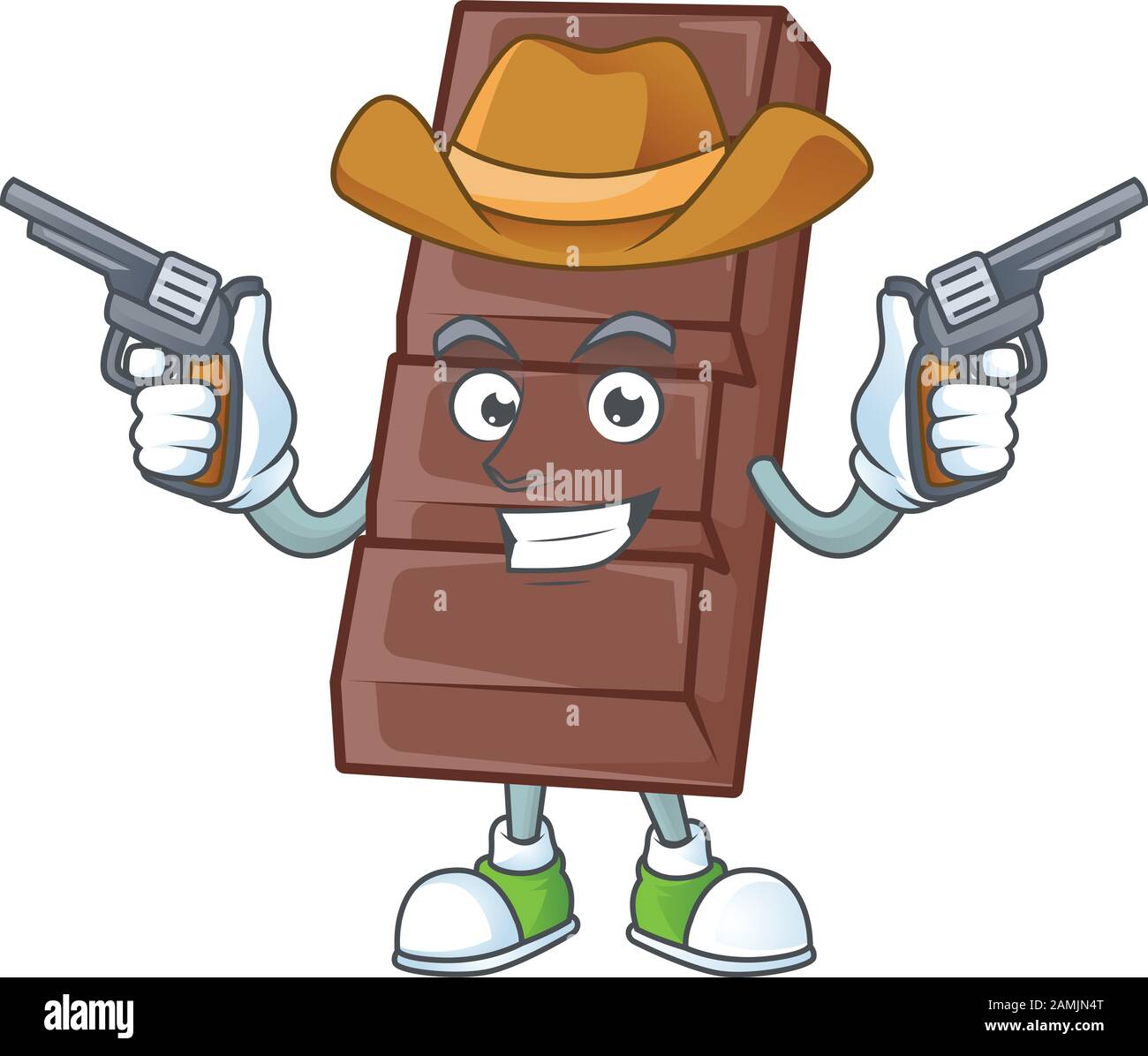 Confident chocolate bar Cowboy cartoon character holding guns Stock ...