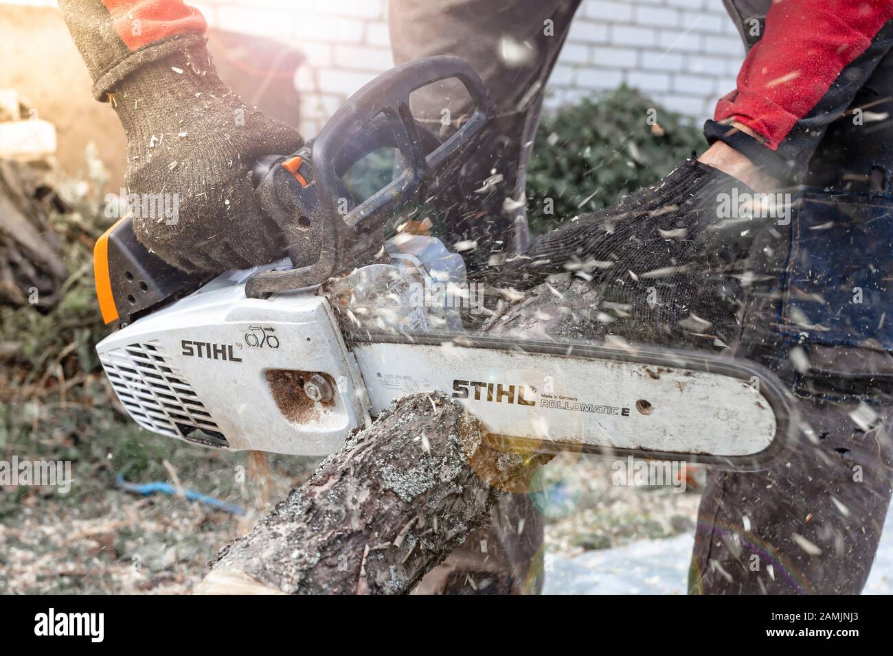 Kiev region, Ukraine - 2019-10-05. Man is sawing a tree with a Stihl ...