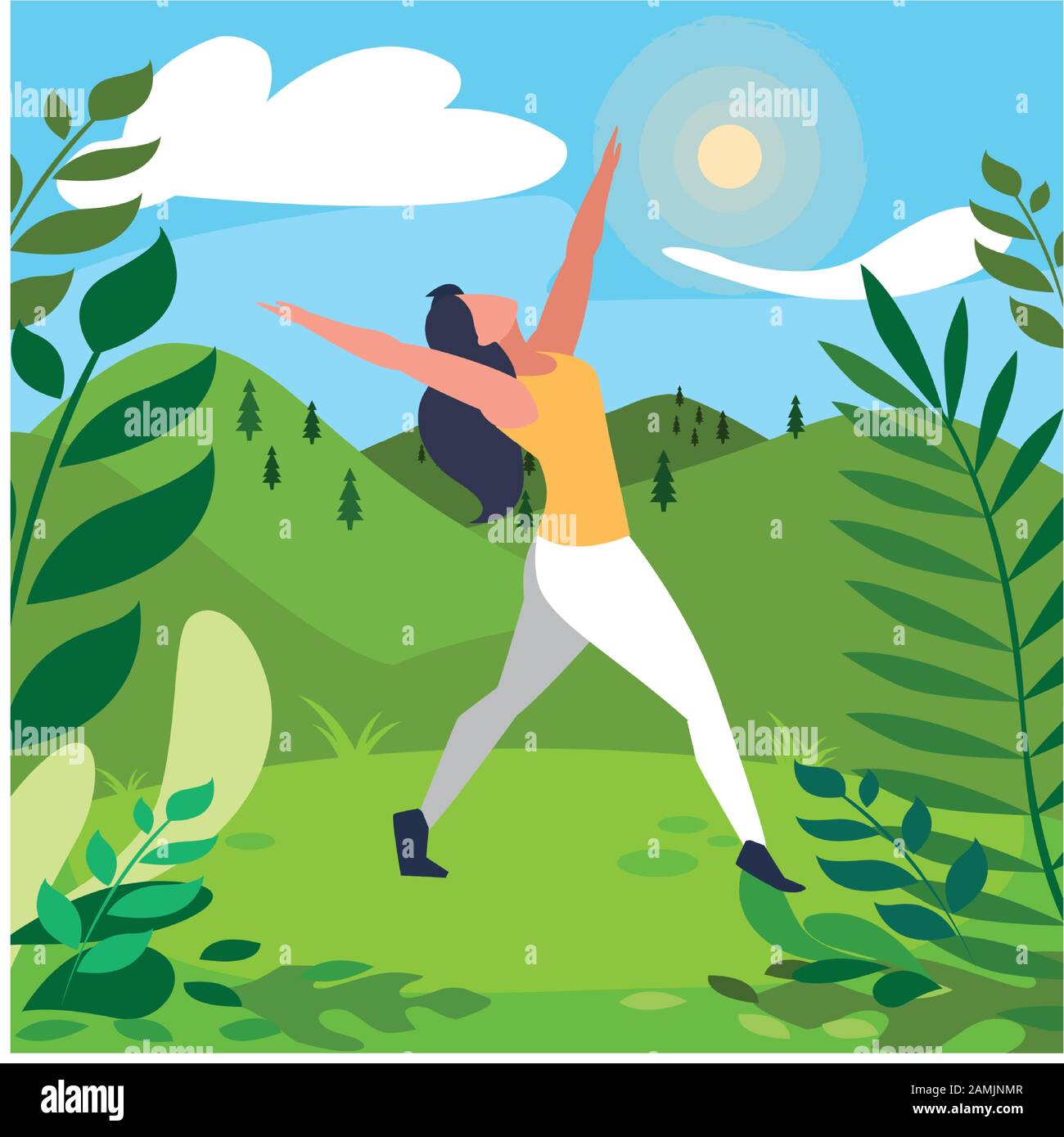 woman outdoors practicing yoga with background landscape vector ...