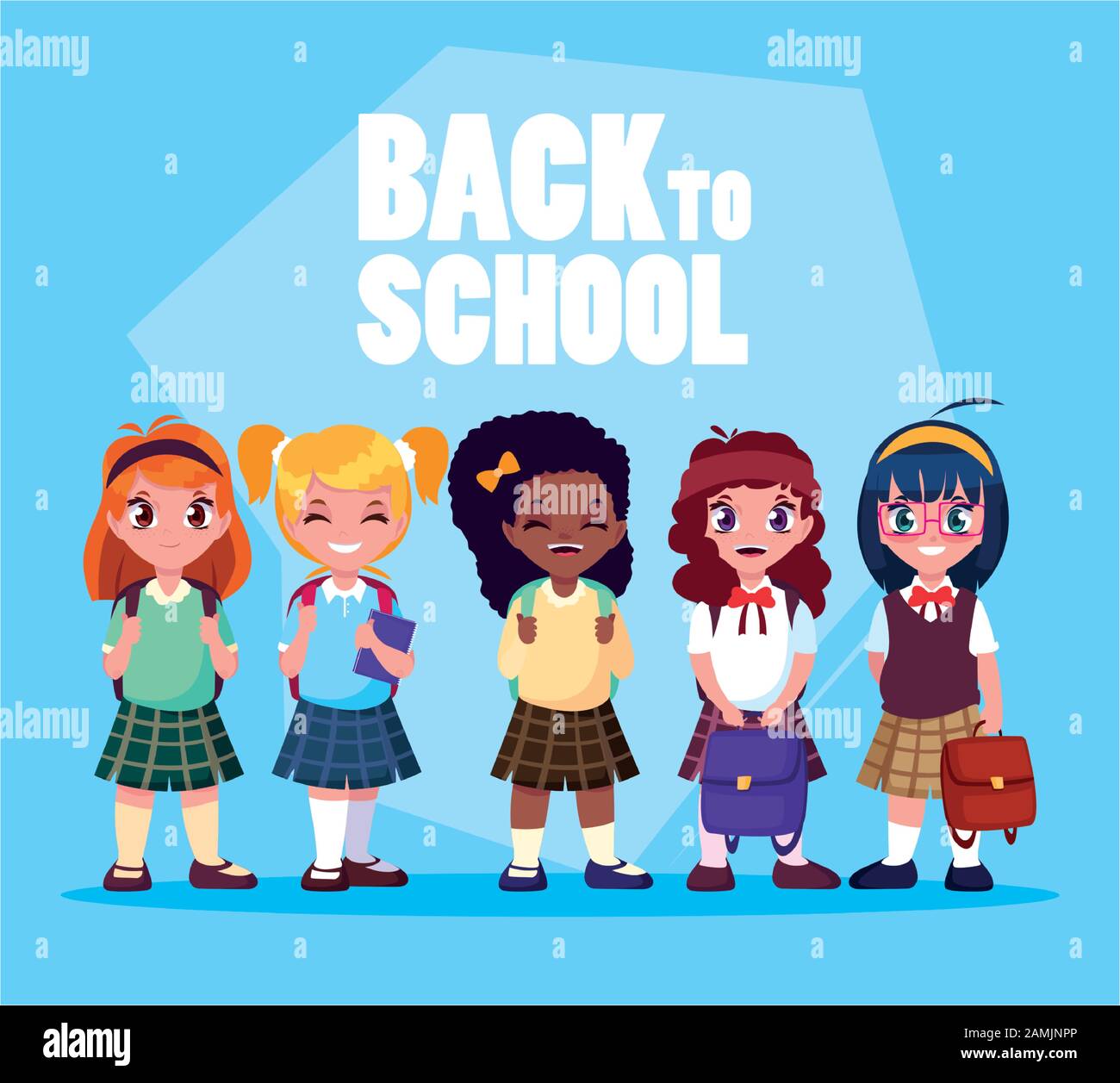 student girls with back to school label, back to school vector ...
