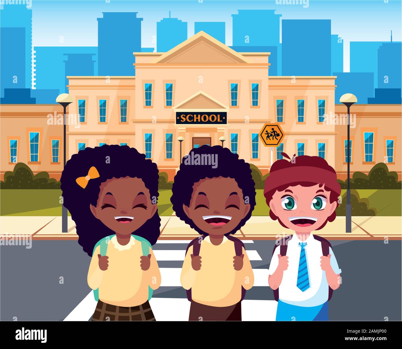 student children with school building of primary of background vector ...