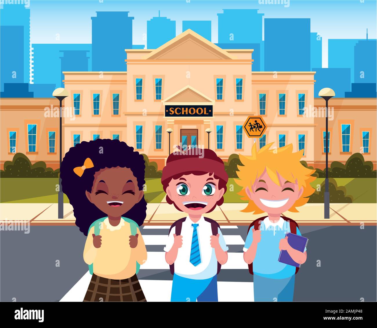 student children with school building of primary of background vector ...