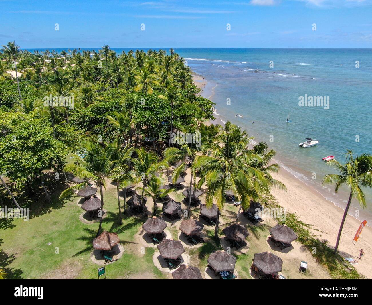 Aerial view of tropical white sand beach, with palm trees and sun ...