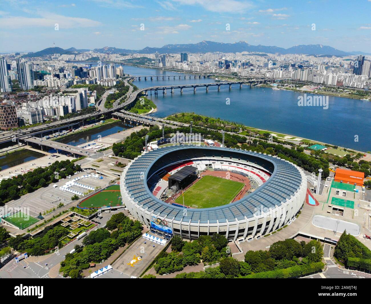 Aerial view Seoul Olympic Park, South Korea. The stadiums are built for ...