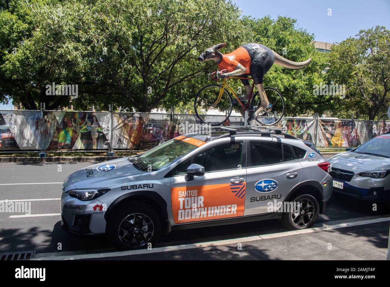 Adelaide, Australia. 14 January 2020. A giant kangaroo riding a bicycle ...