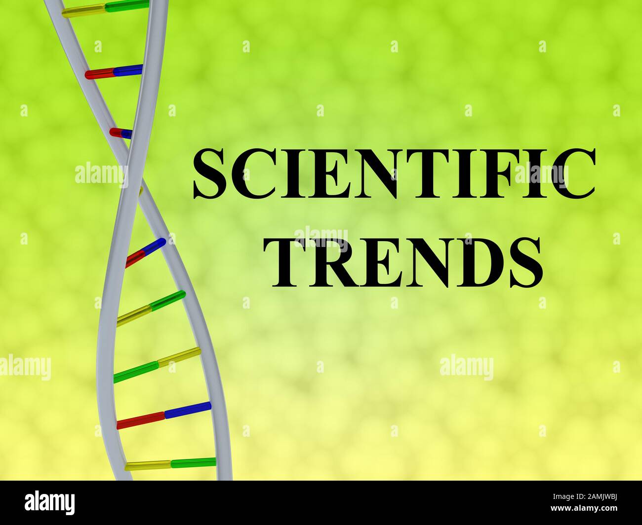 3D illustration of SCIENTIFIC TRENDS script with DNA double helix ...