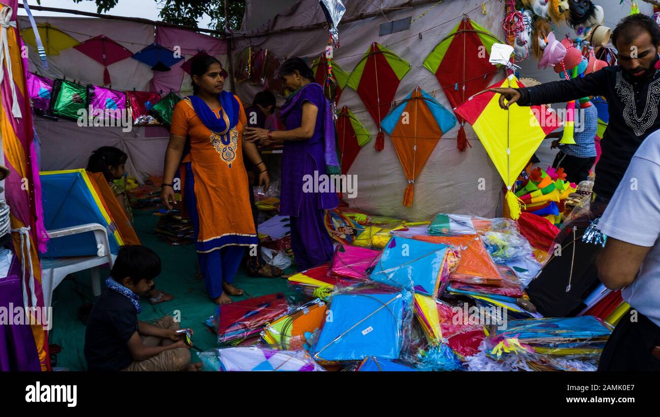 Patang(kite) stall in Patang(kite) fair. People buying patang, pipuda ...