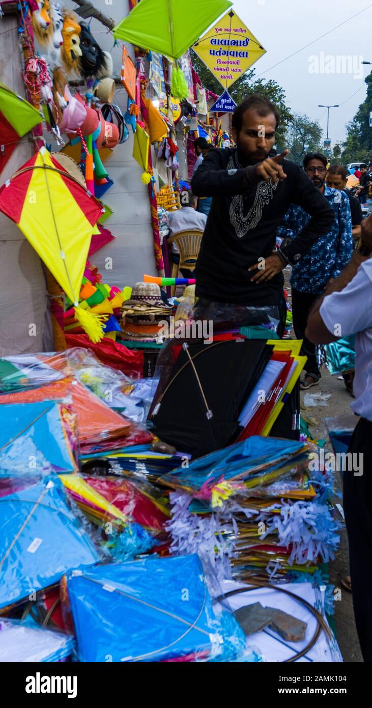 Patang(kite) stall in Patang(kite) fair. People buying patang, pipuda ...