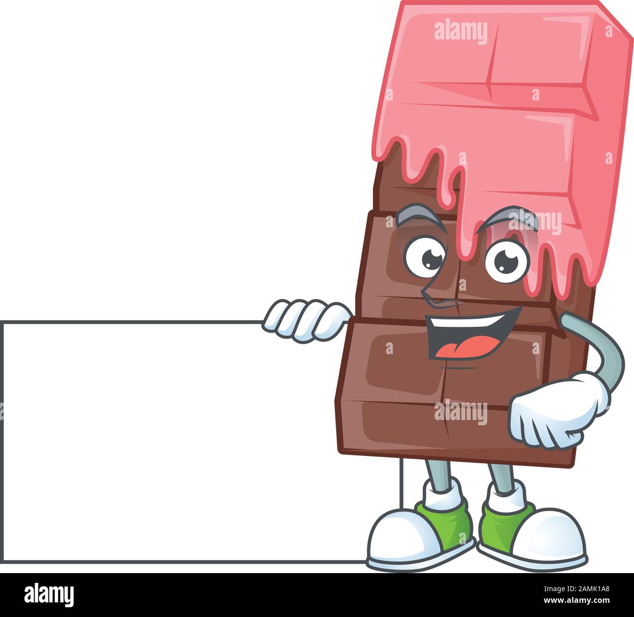 Cheerful chocolate bar with pink cream cartoon character having a board ...