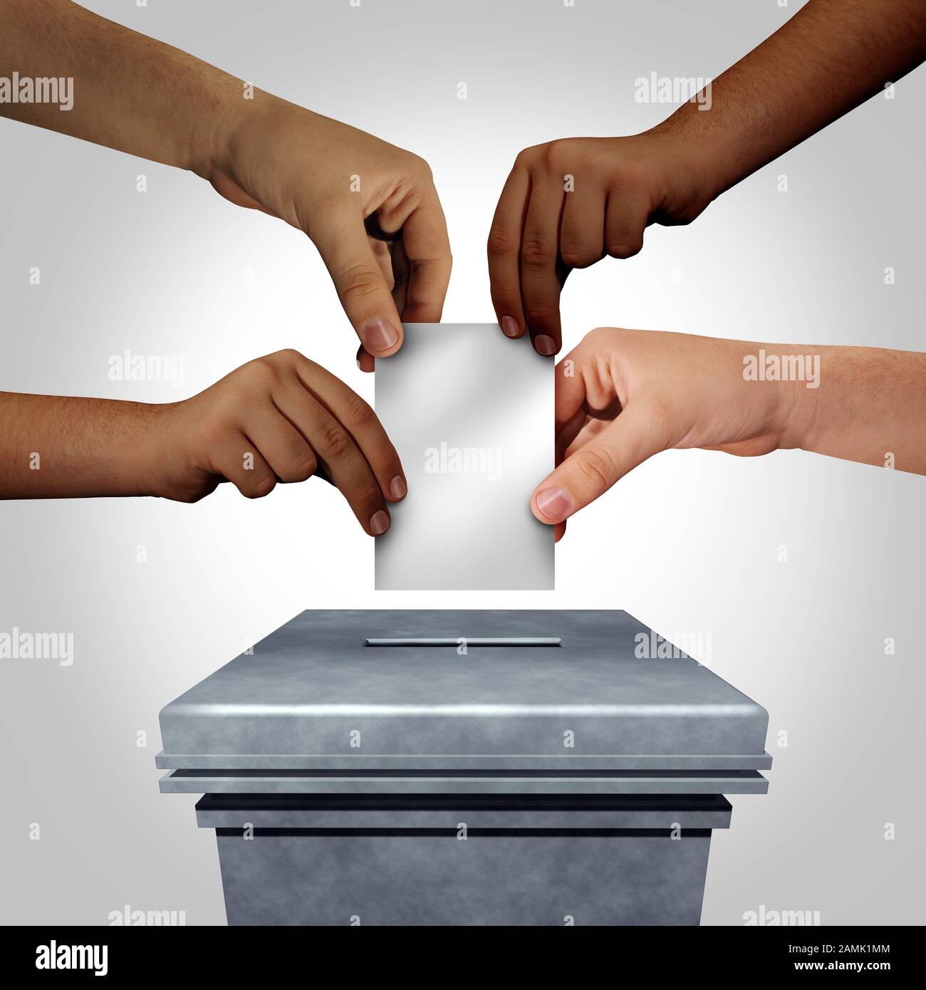 Diverse hands casting a ballot at a voting polling station as a right ...