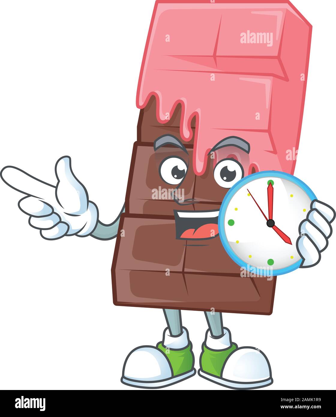 cartoon character style chocolate bar with pink cream having clock ...