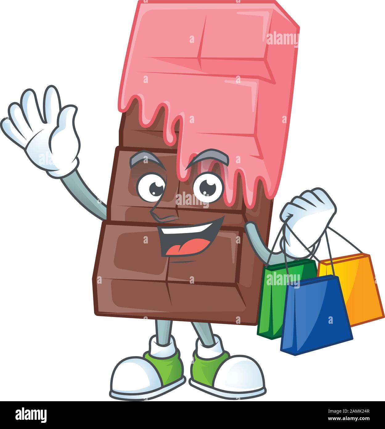 A happy rich chocolate bar with pink cream waving and holding Shopping ...