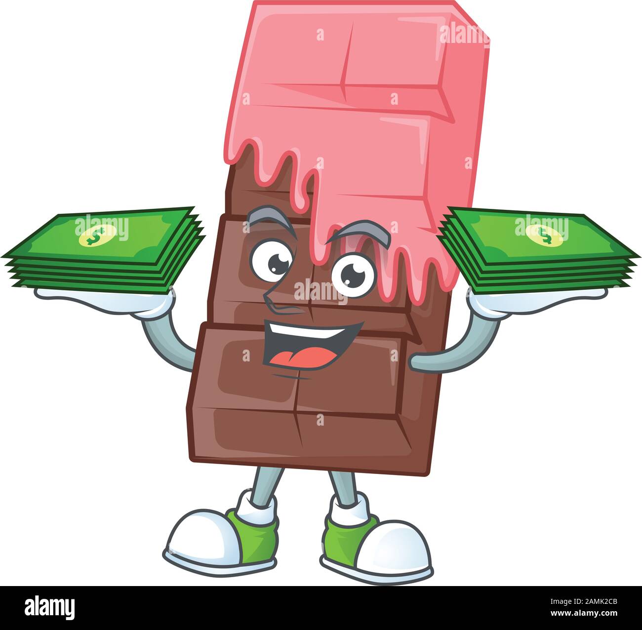 happy rich chocolate bar with pink cream character with money on hands ...