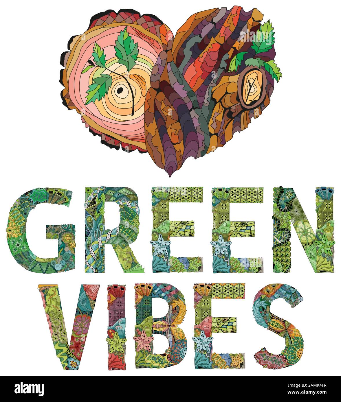 GREEN VIBES. Doodle heart with tree bark texture and young shoots Stock ...