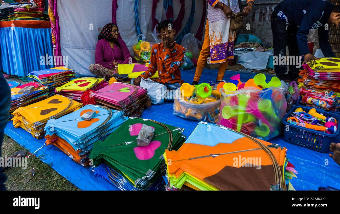Patang(kite) stall in Patang(kite) fair. People buying patang, pipuda ...