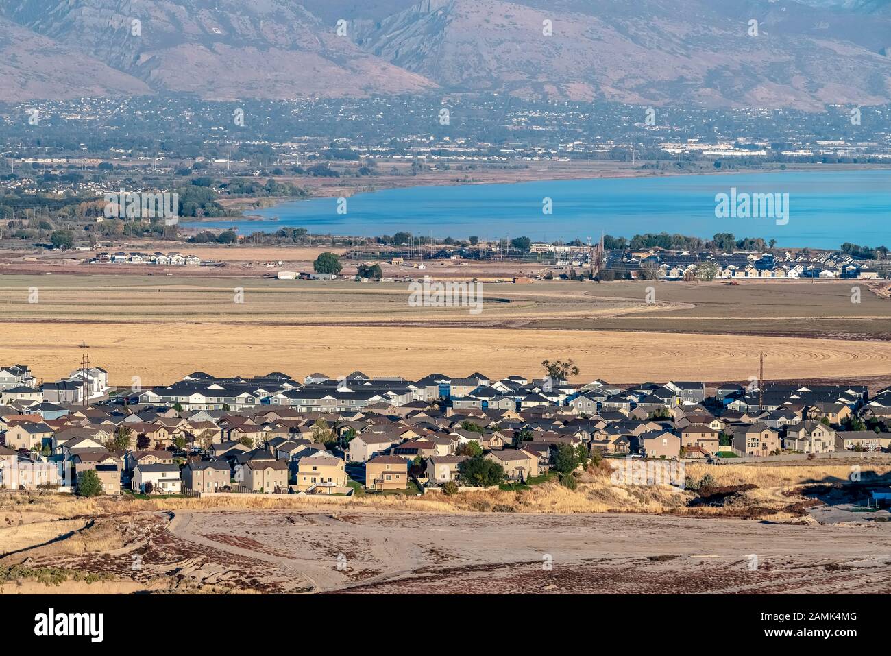 Aerial view of Utah Lake and housing estate Stock Photo - Alamy