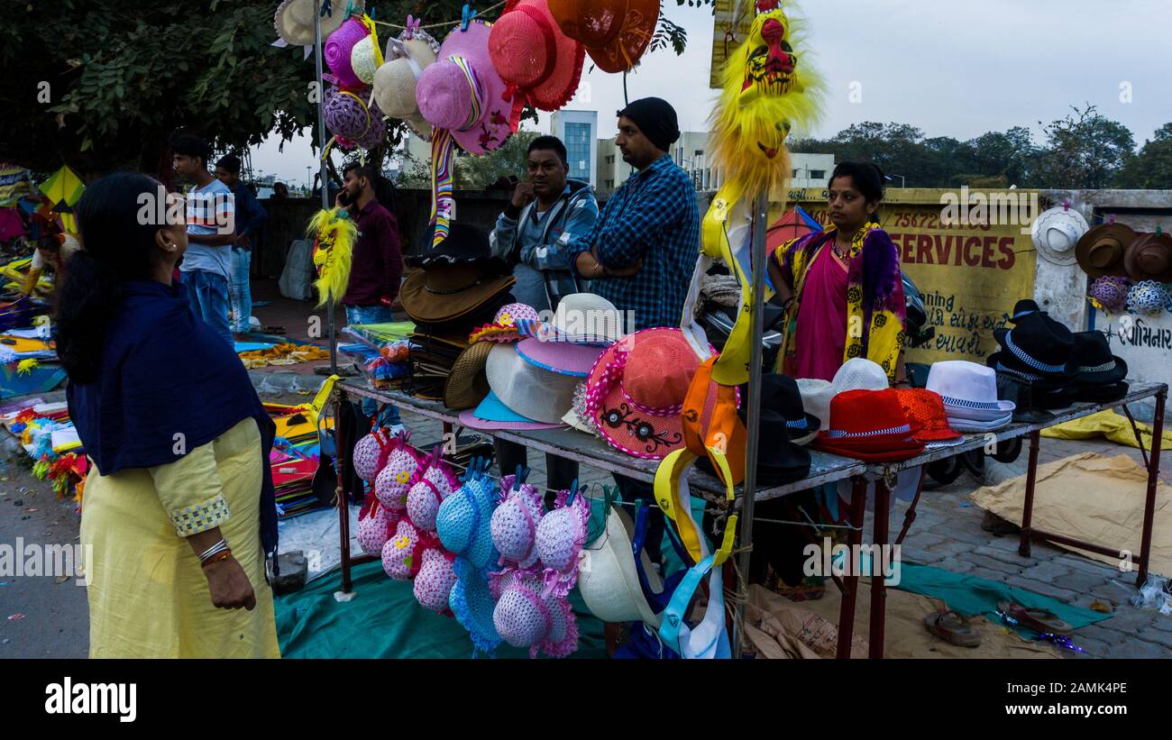 Patang(kite) stall in Patang(kite) fair. People buying patang, pipuda ...