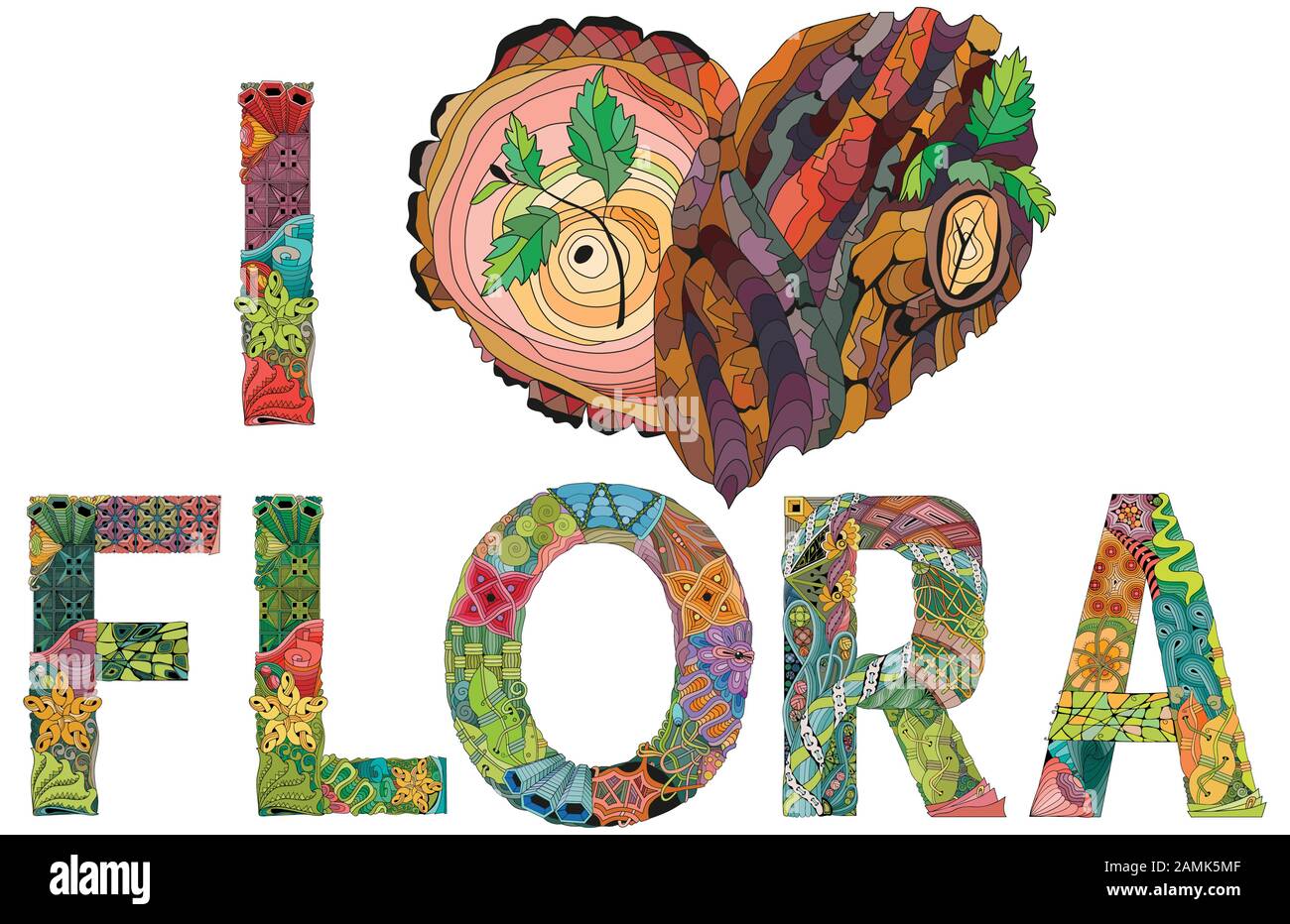 I love flora. Doodle heart with tree bark texture and young shoots ...