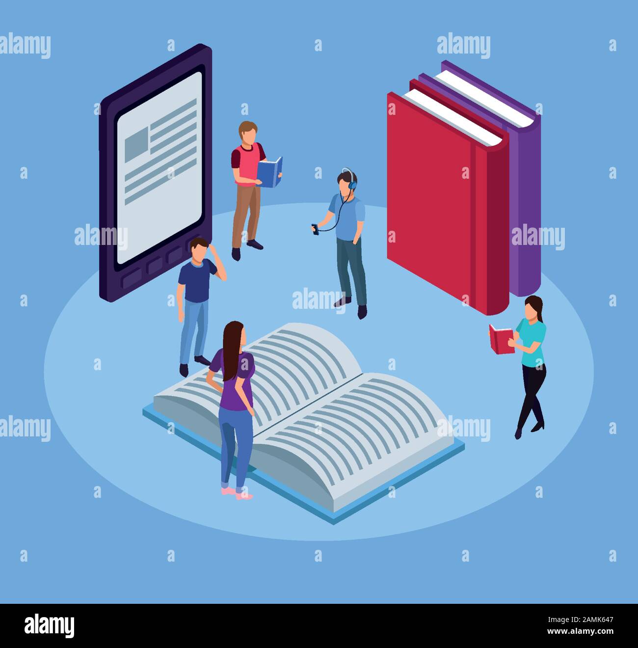 group of mini people reading electronics books in tablet Stock Vector ...