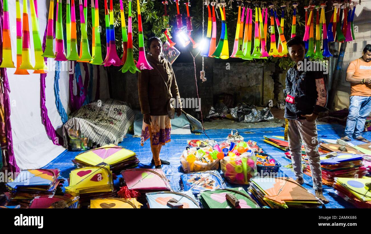 Patang(kite) stall in Patang(kite) fair. People buying patang, pipuda ...