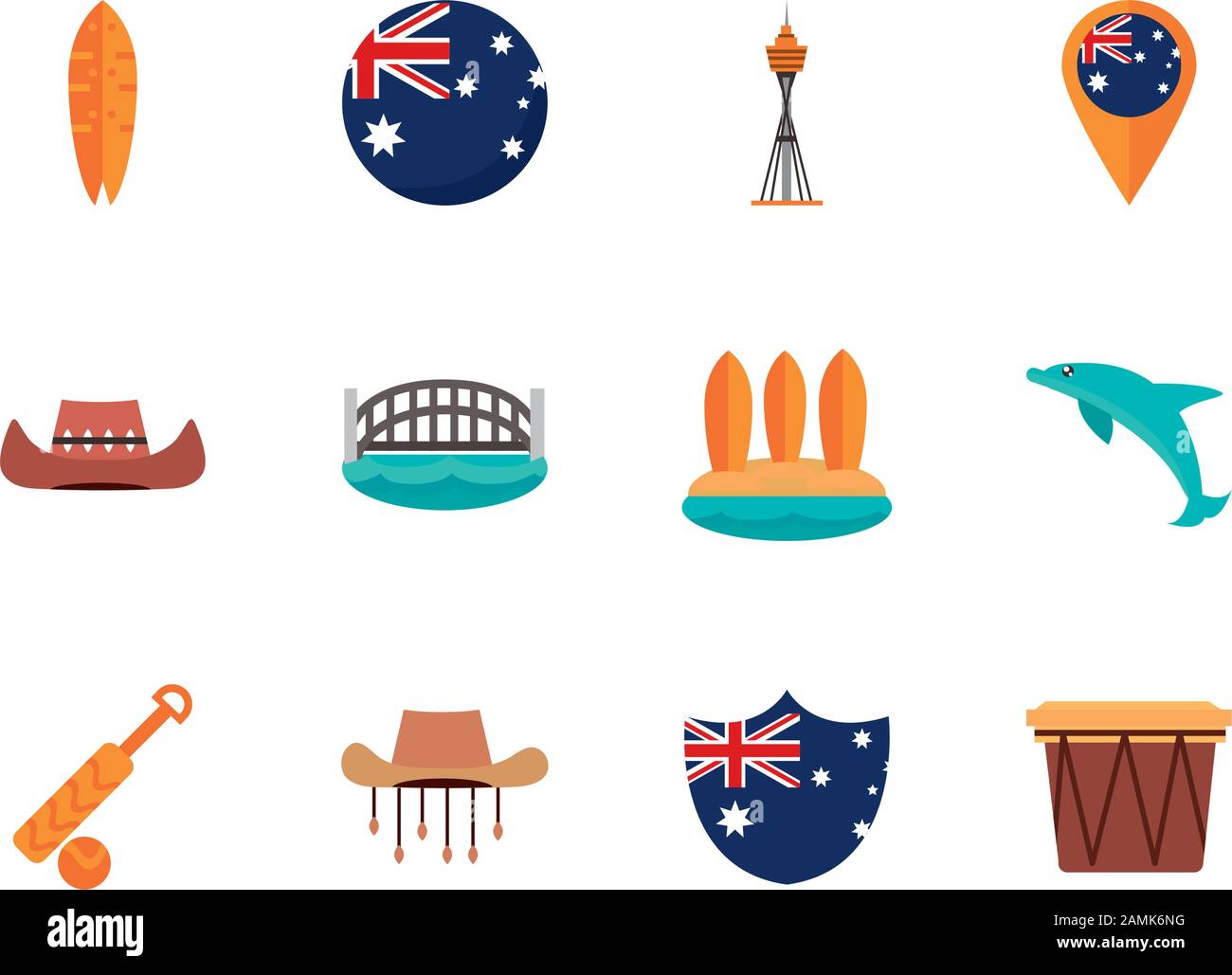 australia animal things famous sites icons set on white background ...