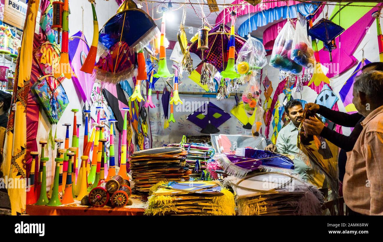Patang(kite) stall in Patang(kite) fair. People buying patang, pipuda ...
