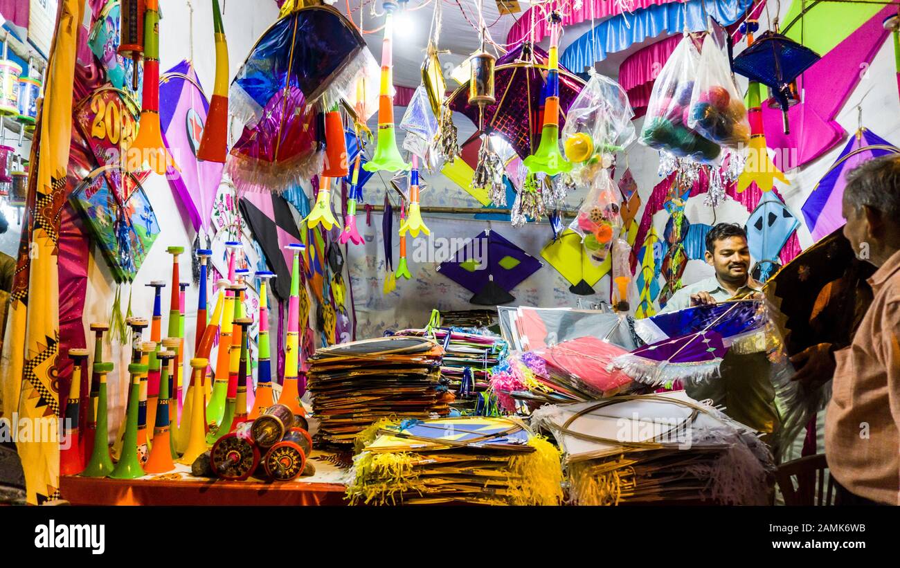 Patang(kite) stall in Patang(kite) fair. People buying patang, pipuda ...