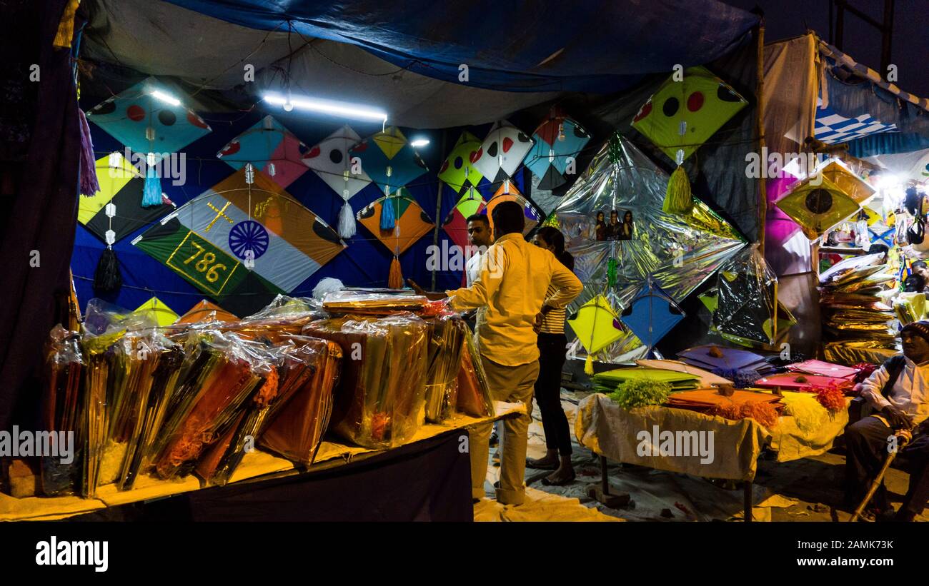 Patang(kite) stall in Patang(kite) fair. People buying patang, pipuda ...