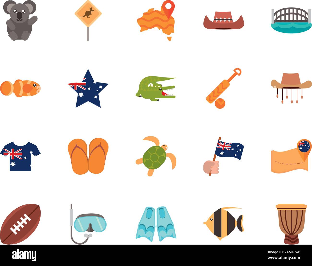australia animal things famous sites icons set on white background ...