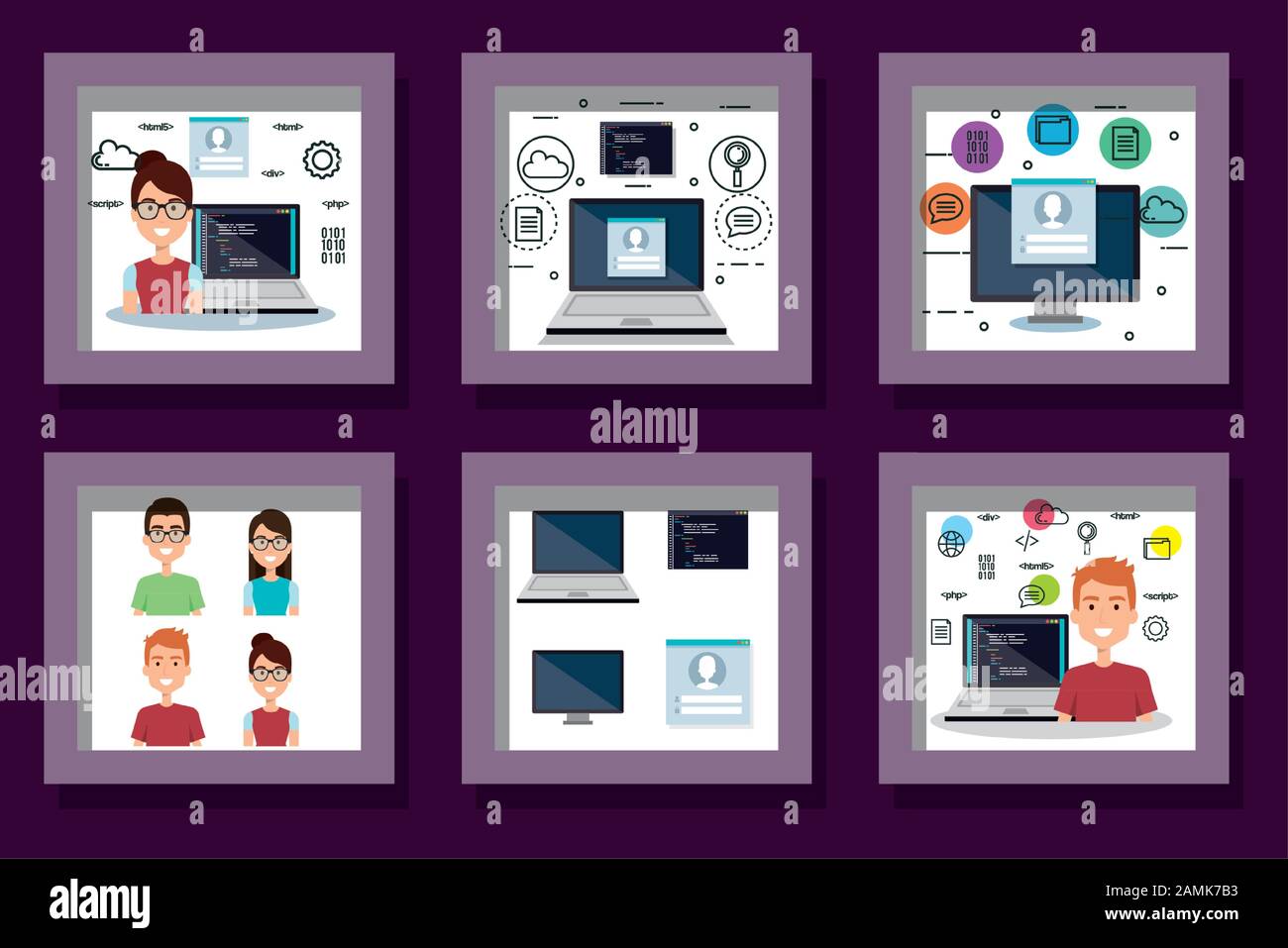 bundle designs of programming computer with people and icons Stock ...