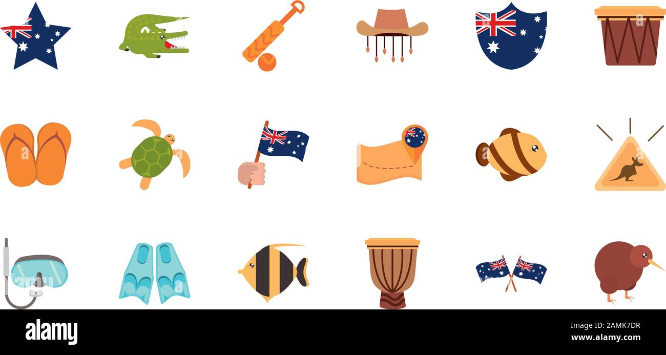 australia animal things famous sites icons set on white background ...