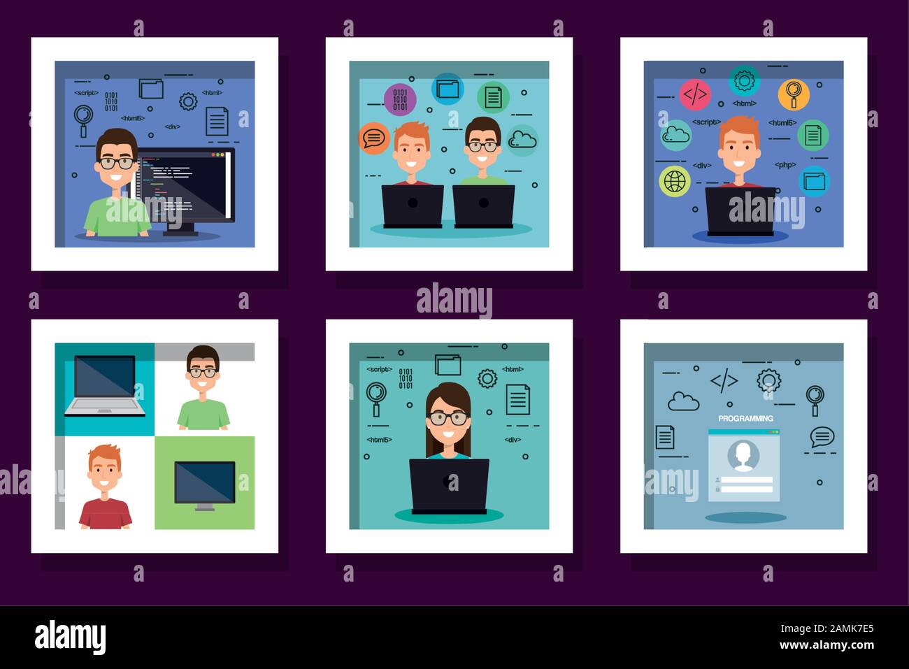 bundle designs of programming computer with people and icons Stock ...