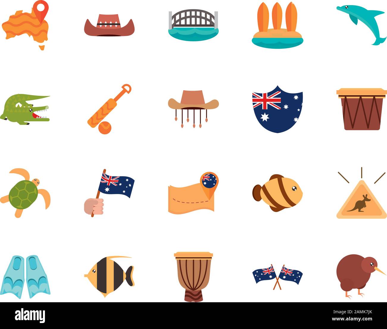 australia animal things famous sites icons set on white background ...