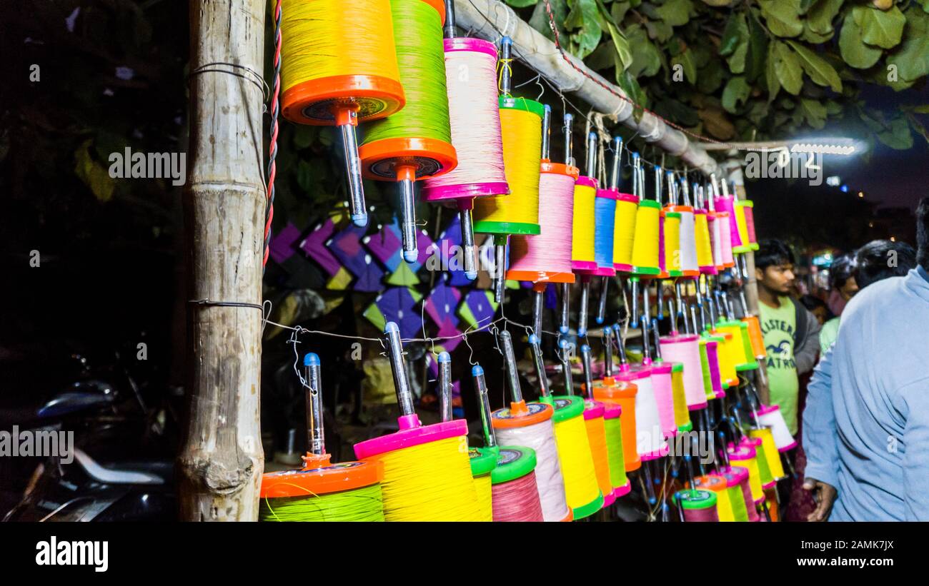 Patang(kite) stall in Patang(kite) fair. People buying patang, pipuda ...