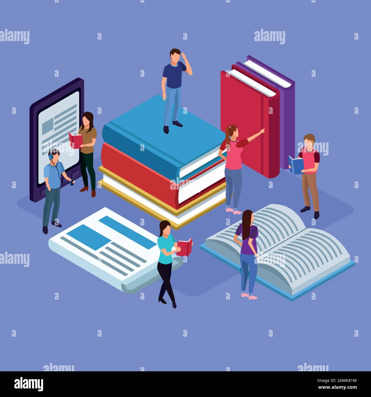 group of mini people reading electronics books in tablet Stock Vector ...