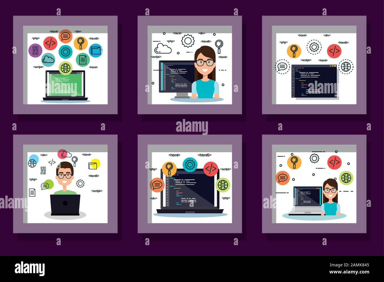 bundle designs of programming computer with people and icons Stock ...
