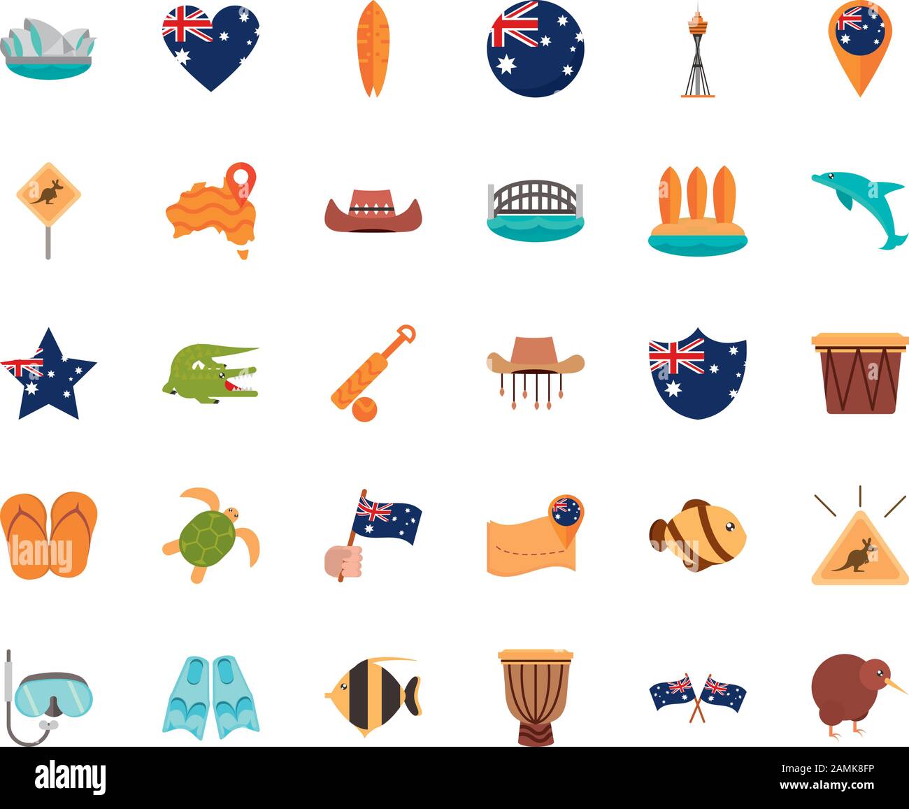 australia animal things famous sites icons set on white background ...