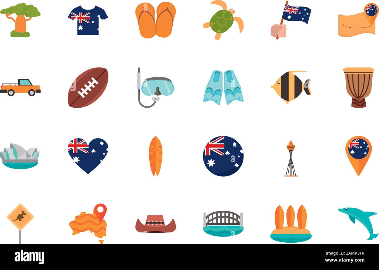 australia animal things famous sites icons set on white background ...