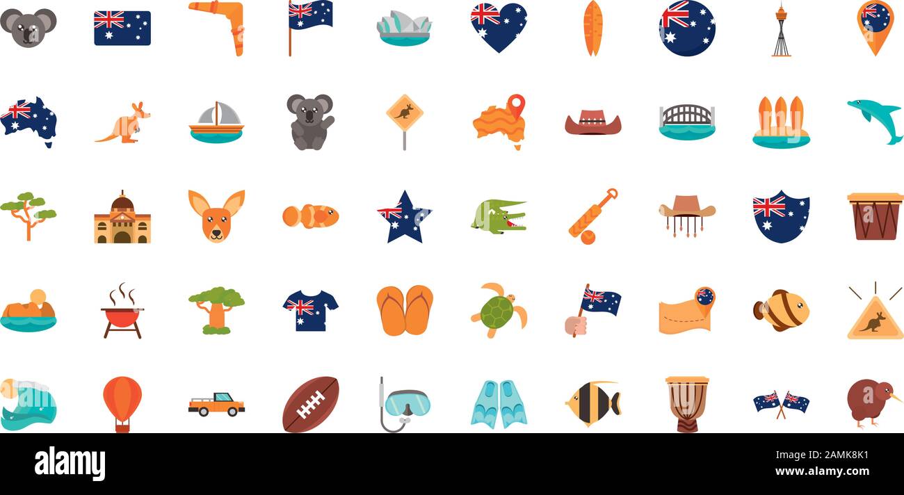 australia animal things famous sites icons set on white background ...