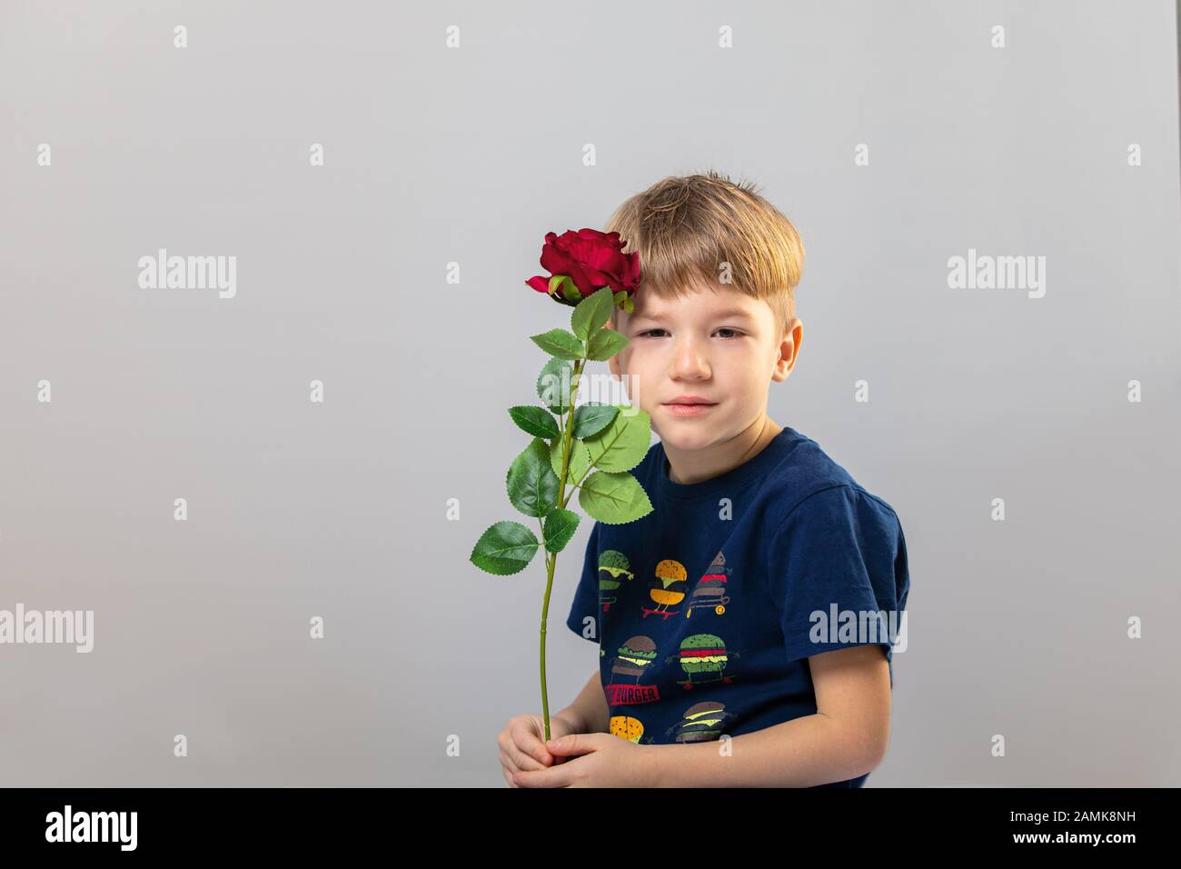 Little boy with red rose isolated on grey background, studio shot Stock ...
